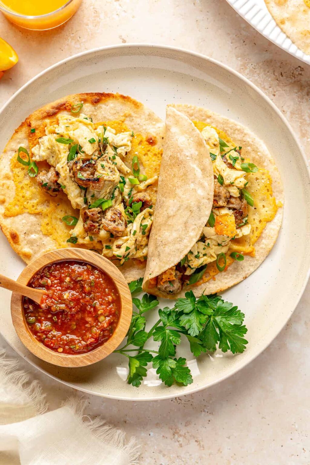 Egg, Sausage & Crispy Cheese Breakfast Tacos - Rachael's Good Eats