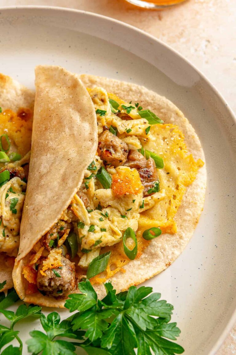 Egg, Sausage & Crispy Cheese Breakfast Tacos - Rachael's Good Eats