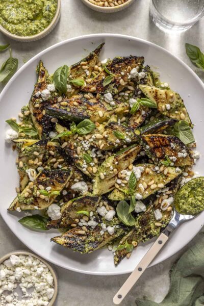 Easy Grilled Pesto Zucchini with Goat Cheese & Pine Nuts - Rachael's ...